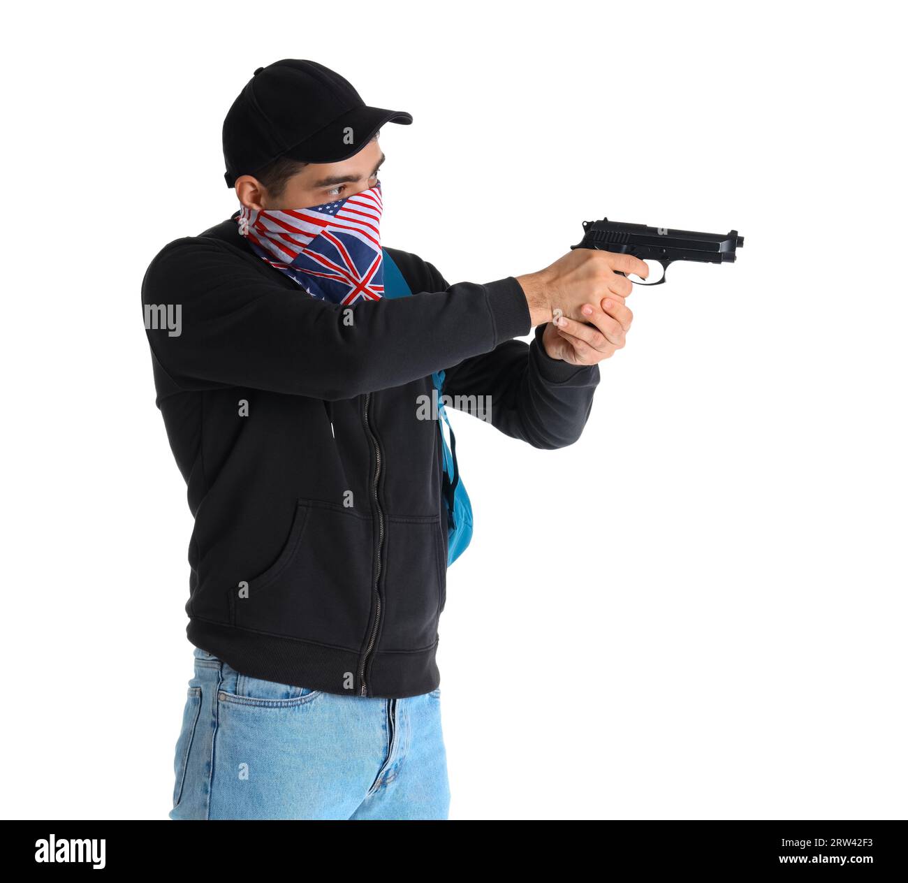 Male student with gun on white background. School shooting concept ...