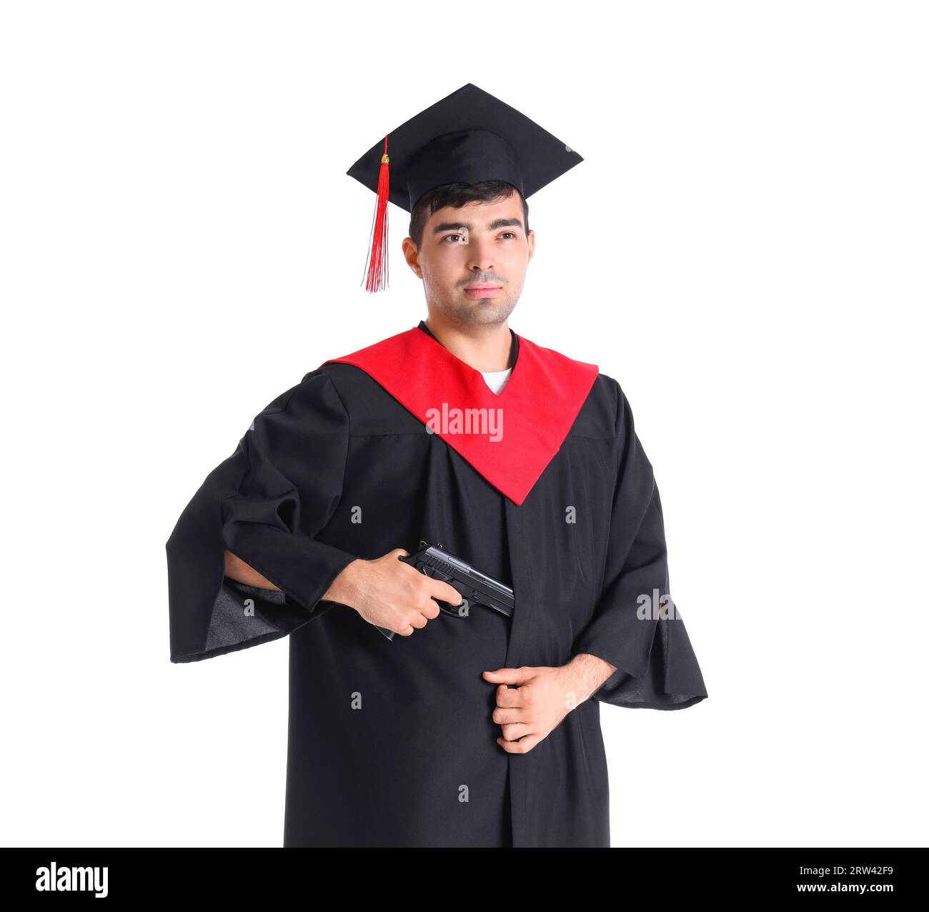 Male graduate student with gun on white background. Shooting problem ...