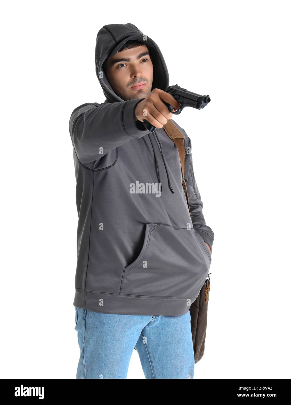 Male student with gun on white background. School shooting concept ...