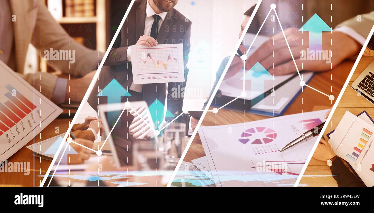 Marketing. Collage with photos of businesspeople and graphs, banner ...