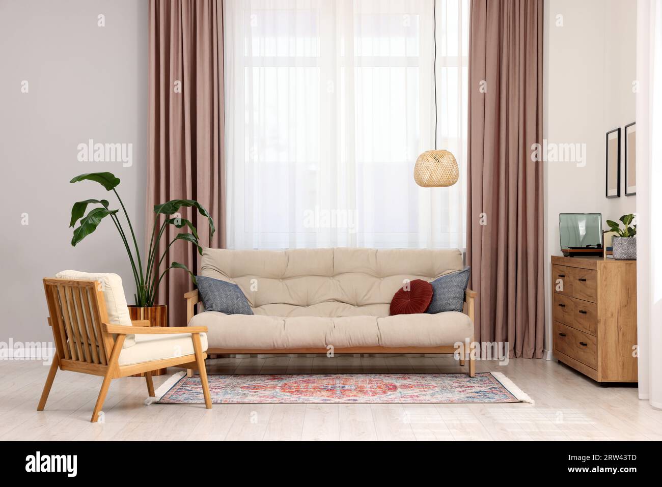 Beautiful rug, furniture and plant near window indoors Stock Photo - Alamy