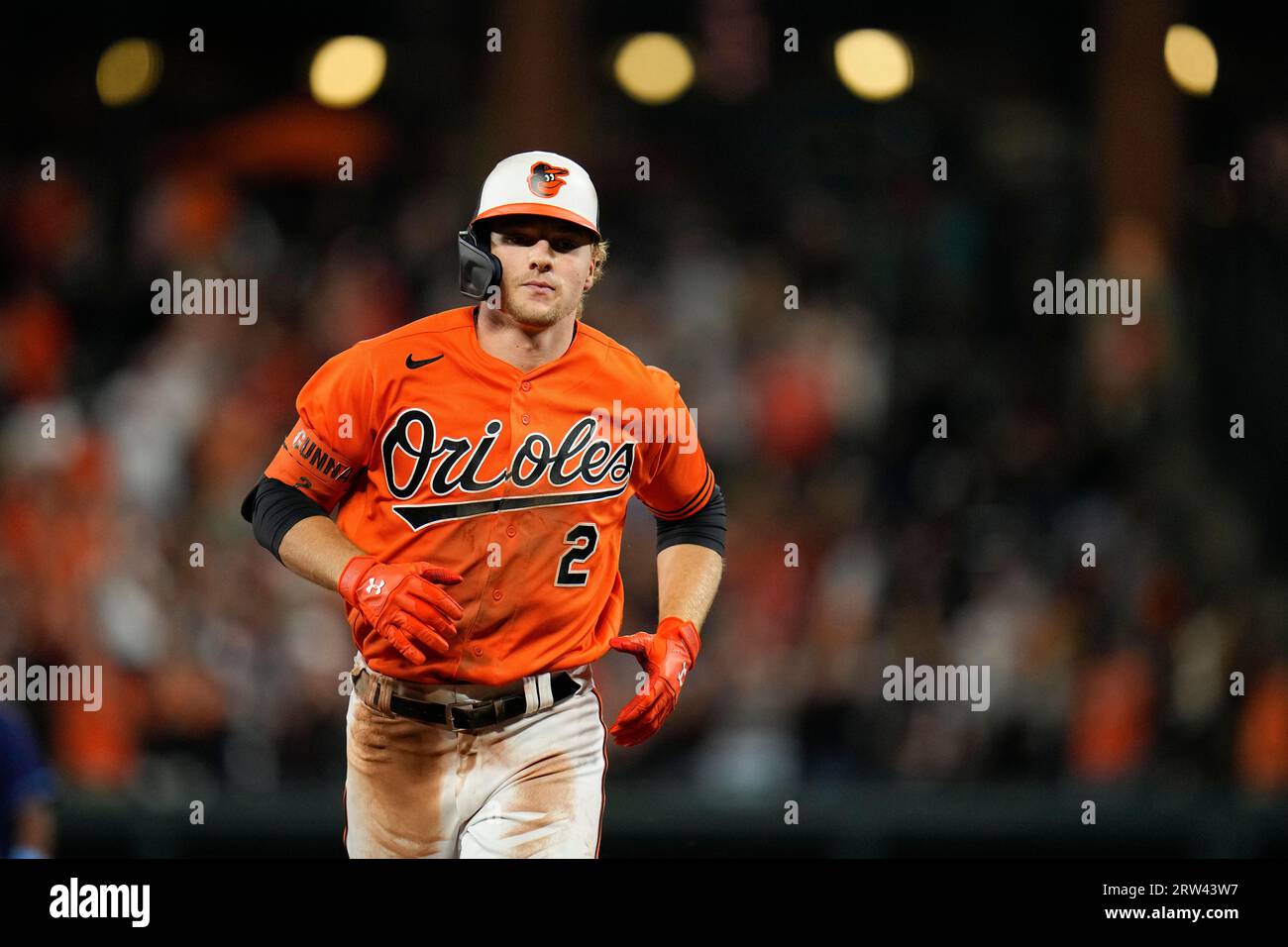 Baltimore Orioles' Gunnar Henderson runs the bases after hitting a two ...