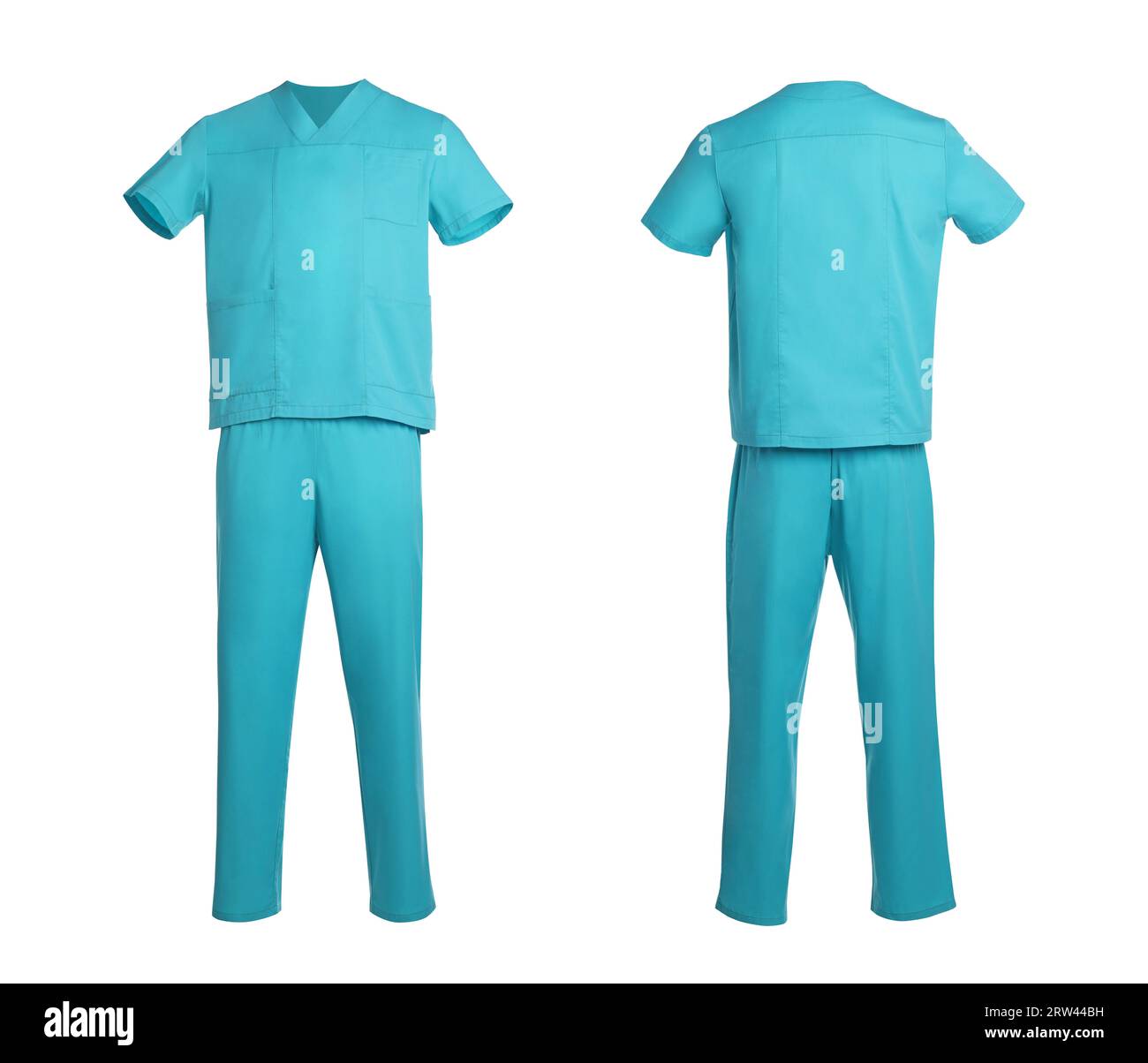 Turquoise medical uniform isolated on white, collage with back and ...