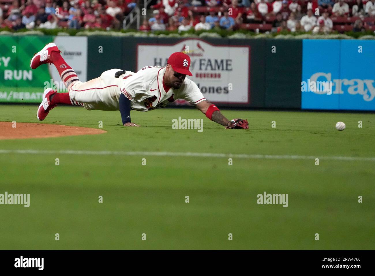 St. Louis Cardinals second baseman Juniel Querecuto is unable to stop a ...