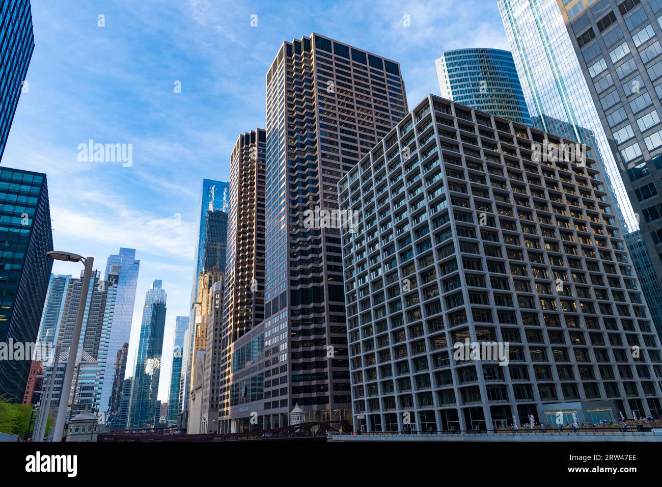 Chicago, USA - April 28, 2023: Glass facades of modern skyscraper ...