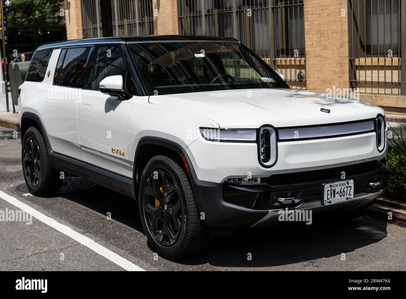 New York City, USA - August 06, 2023: Rivian R1S SUV electric white car ...