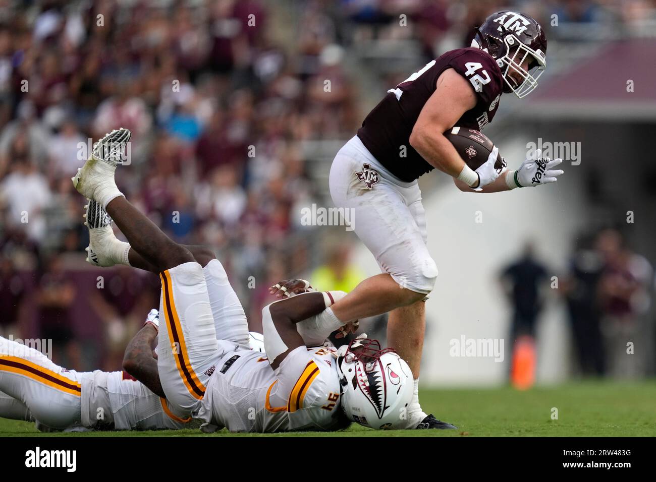 Texas A&M tight end Max Wright (42) runs over Louisiana-Monroe ...