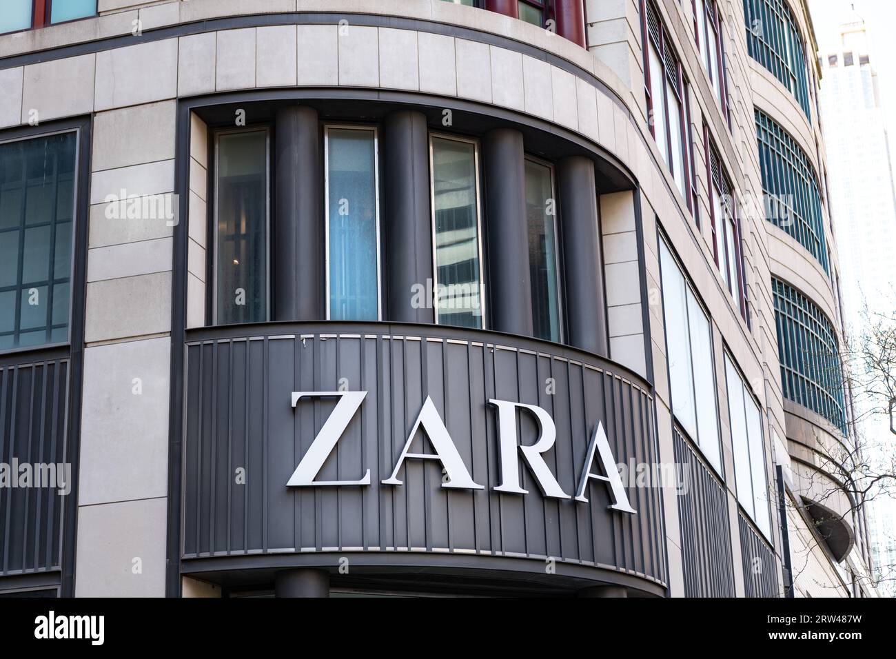 Chicago, USA - April 27, 2023: Logo of Zara store at displyed on a ...