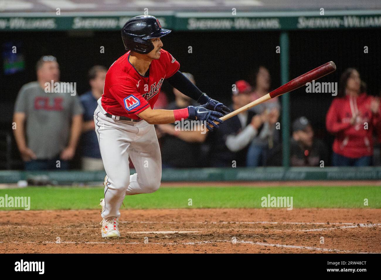 Cleveland Guardians' Steven Kwan watches his RBI single off Texas ...