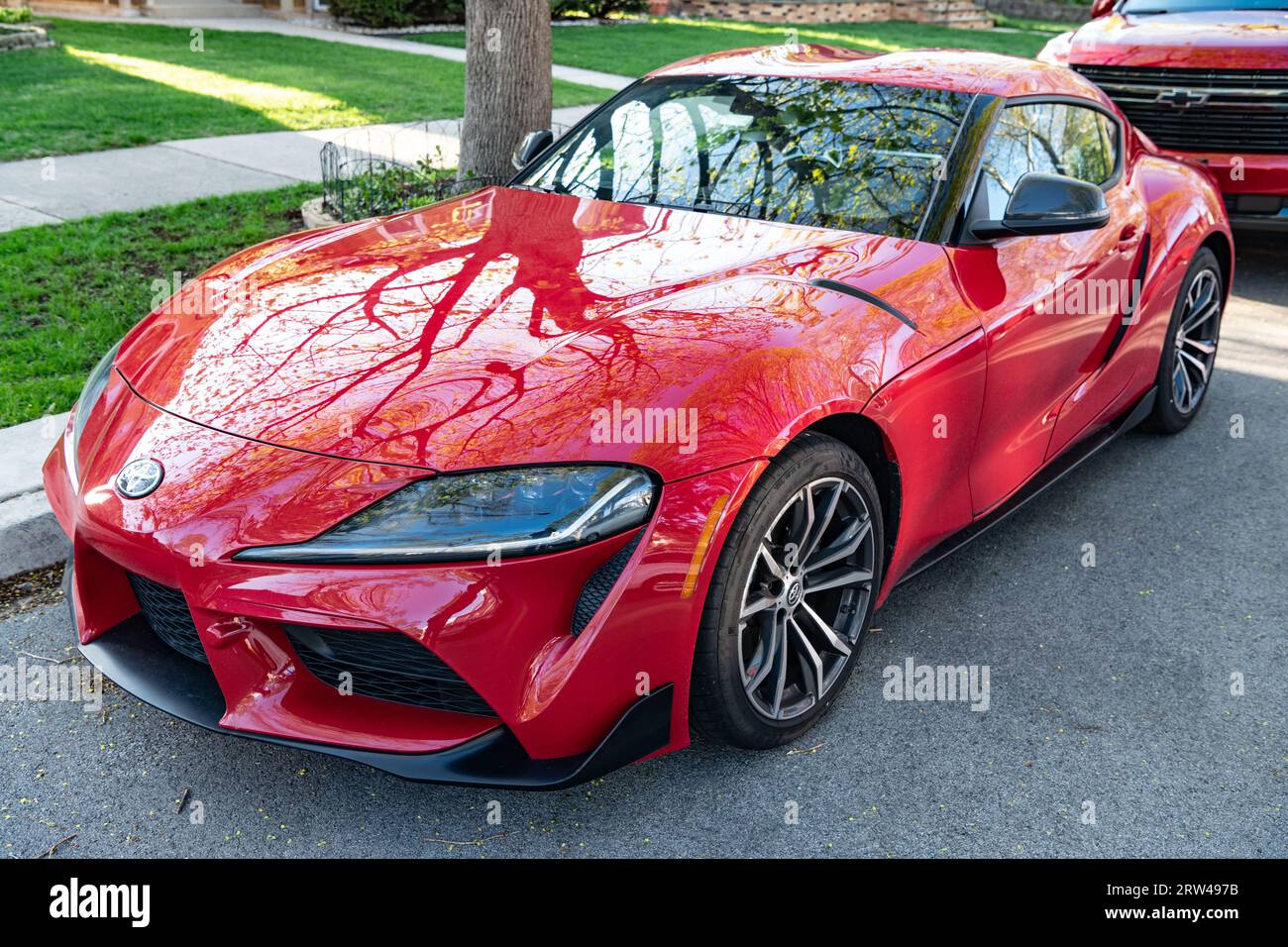 Chicago City, USA - April 26, 2023: 2022 Toyota Supra 2.0 red sport car ...