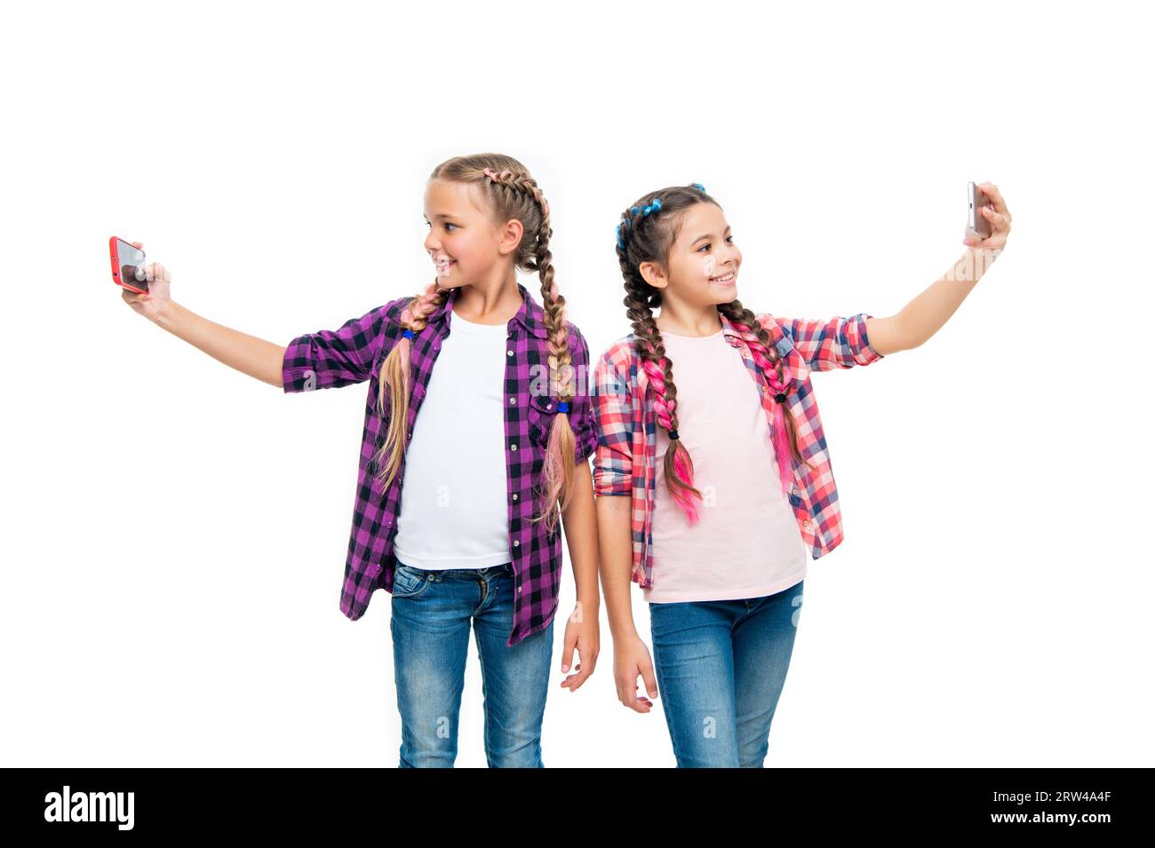 heartwarming friendship selfie. school children making selfie. girls ...