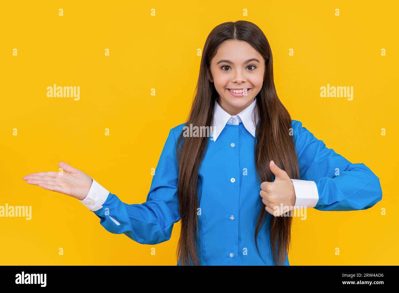 teen student has happy face. offer and presenting product. teen school ...