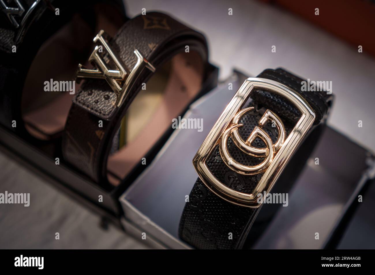 New York, USA. 16th Sep, 2023. The logo of fake Gucci belts, taken at a ...