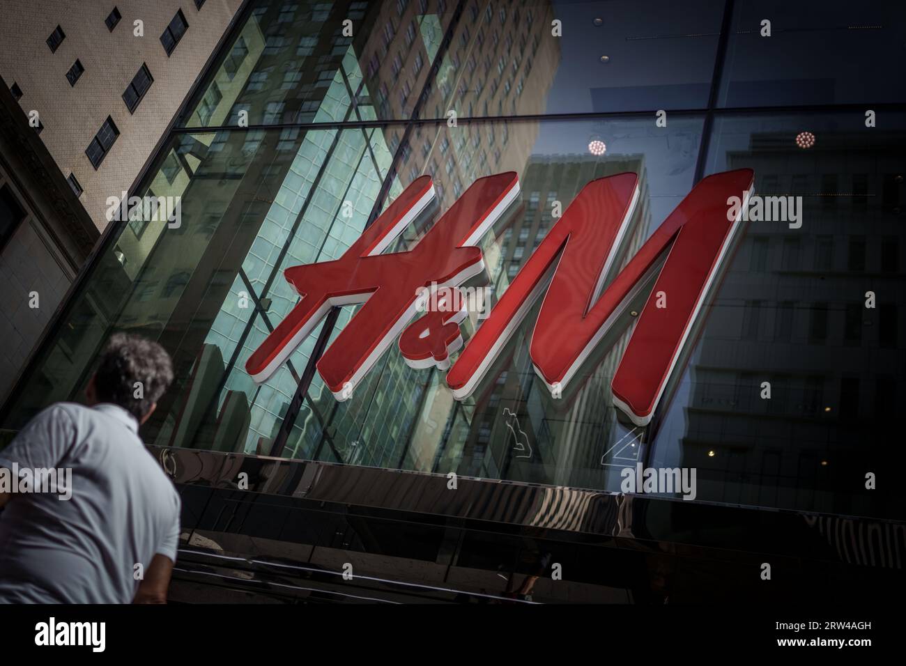 New York, USA. 16th Sep, 2023. The logo of H&M, taken in Manhattan ...