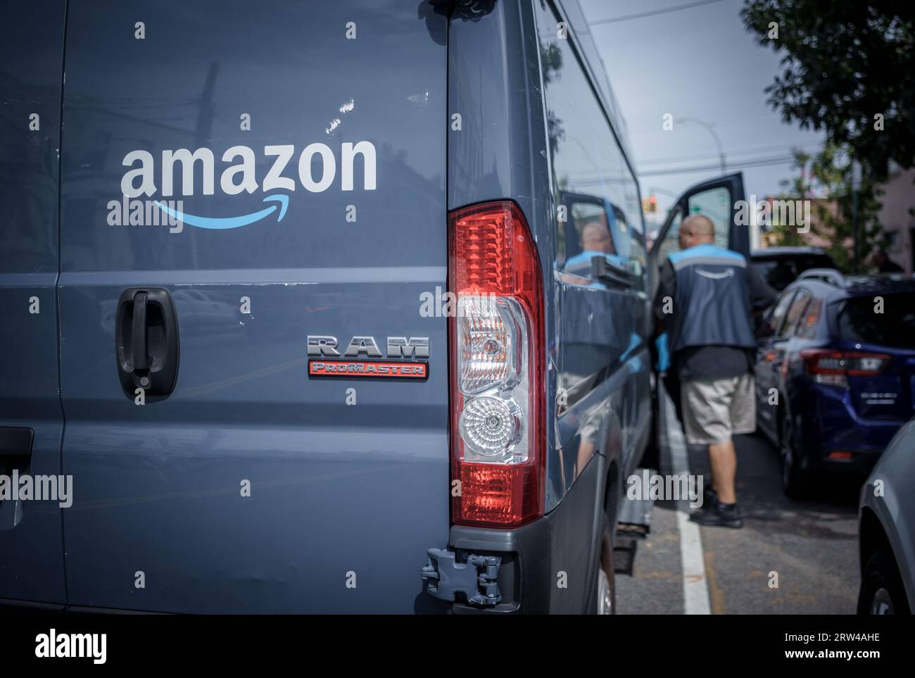 New York, USA. 16th Sep, 2023. Amazon's logo on a delivery truck, taken ...