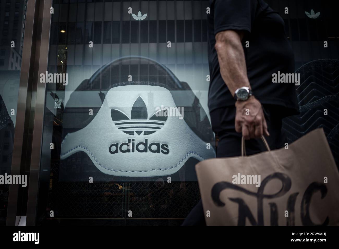 New York, USA. 16th Sep, 2023. The logo of adidas, taken at 5th Avenue store in Manhattan ...
