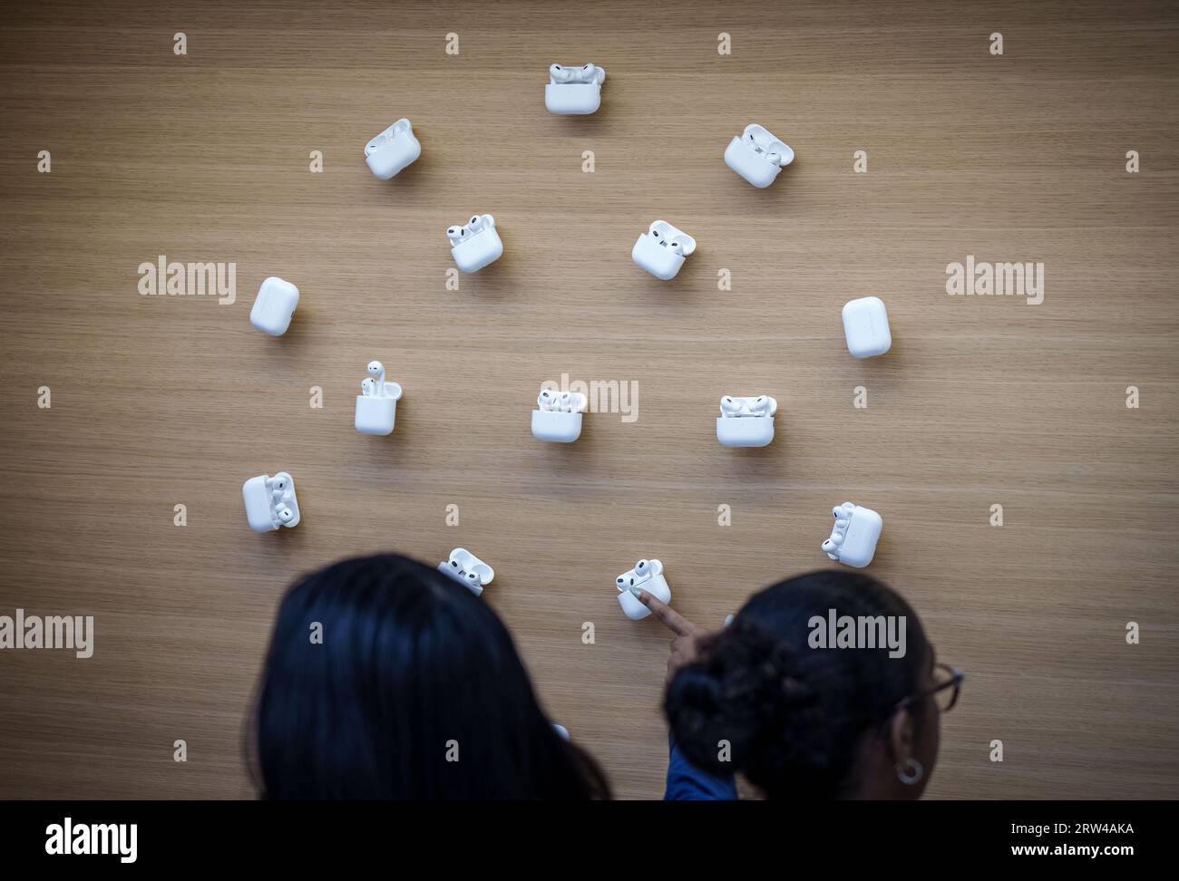 New York, USA. 16th Sep, 2023. Apple's Airpos are on display at the ...