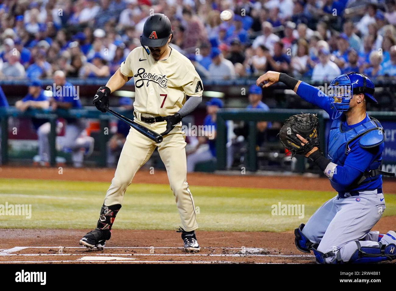 Arizona Diamondbacks' Corbin Carroll (7) strikes out as Chicago Cubs ...