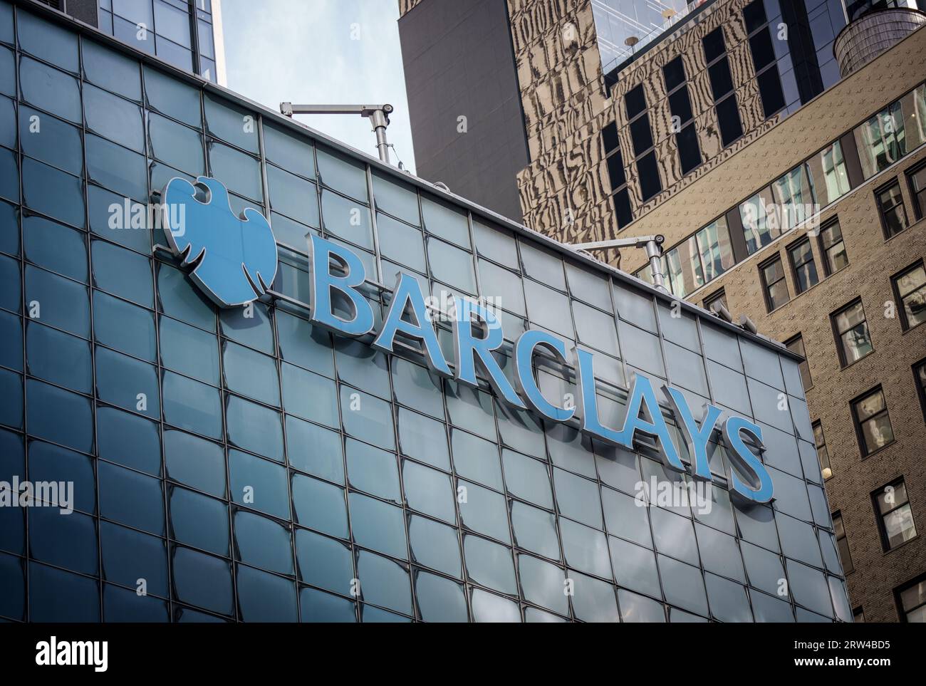 New York, USA. 16th Sep, 2023. The Barclays Bank logo, taken in ...