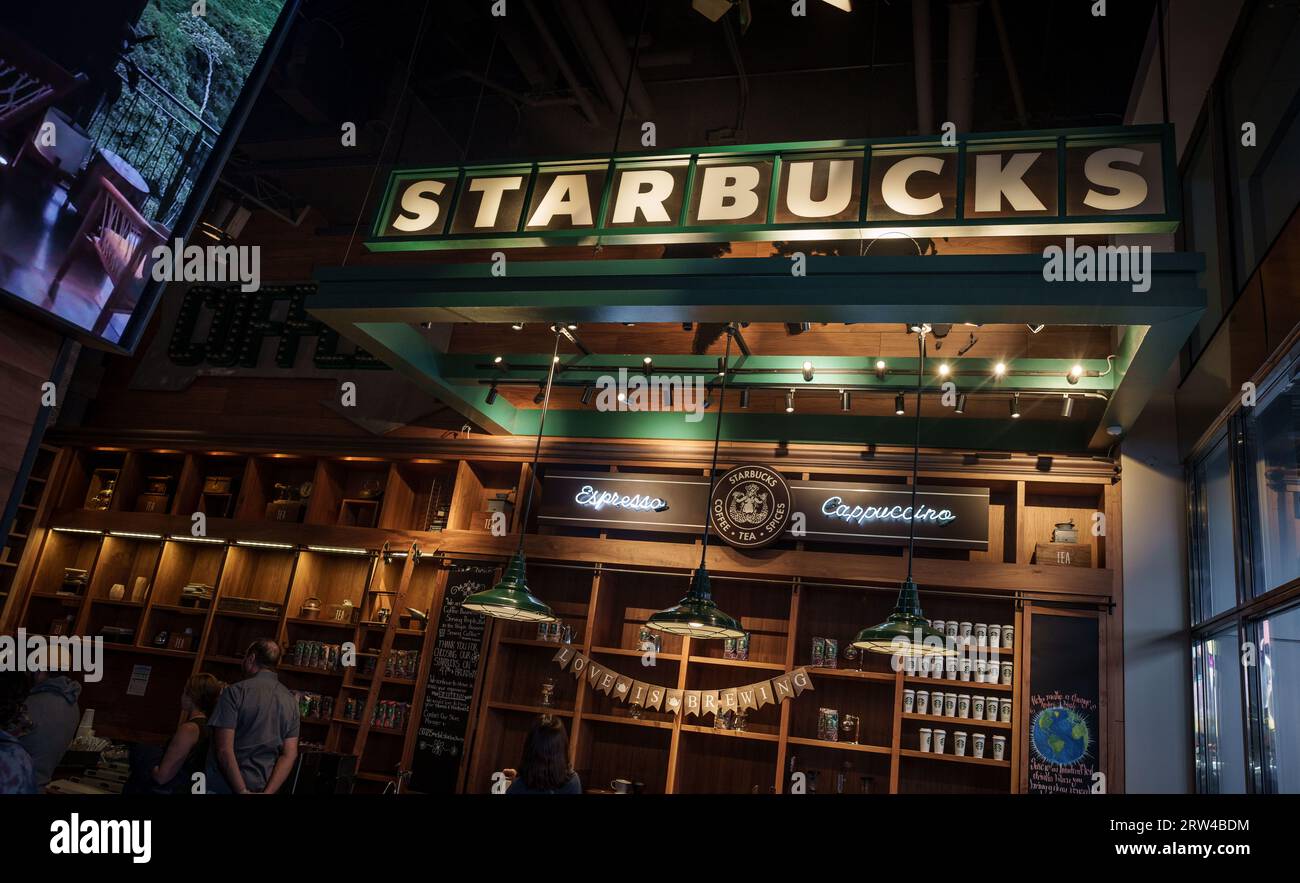 New York, USA. 16th Sep, 2023. The logo of Starbucks, taken in a cafe ...