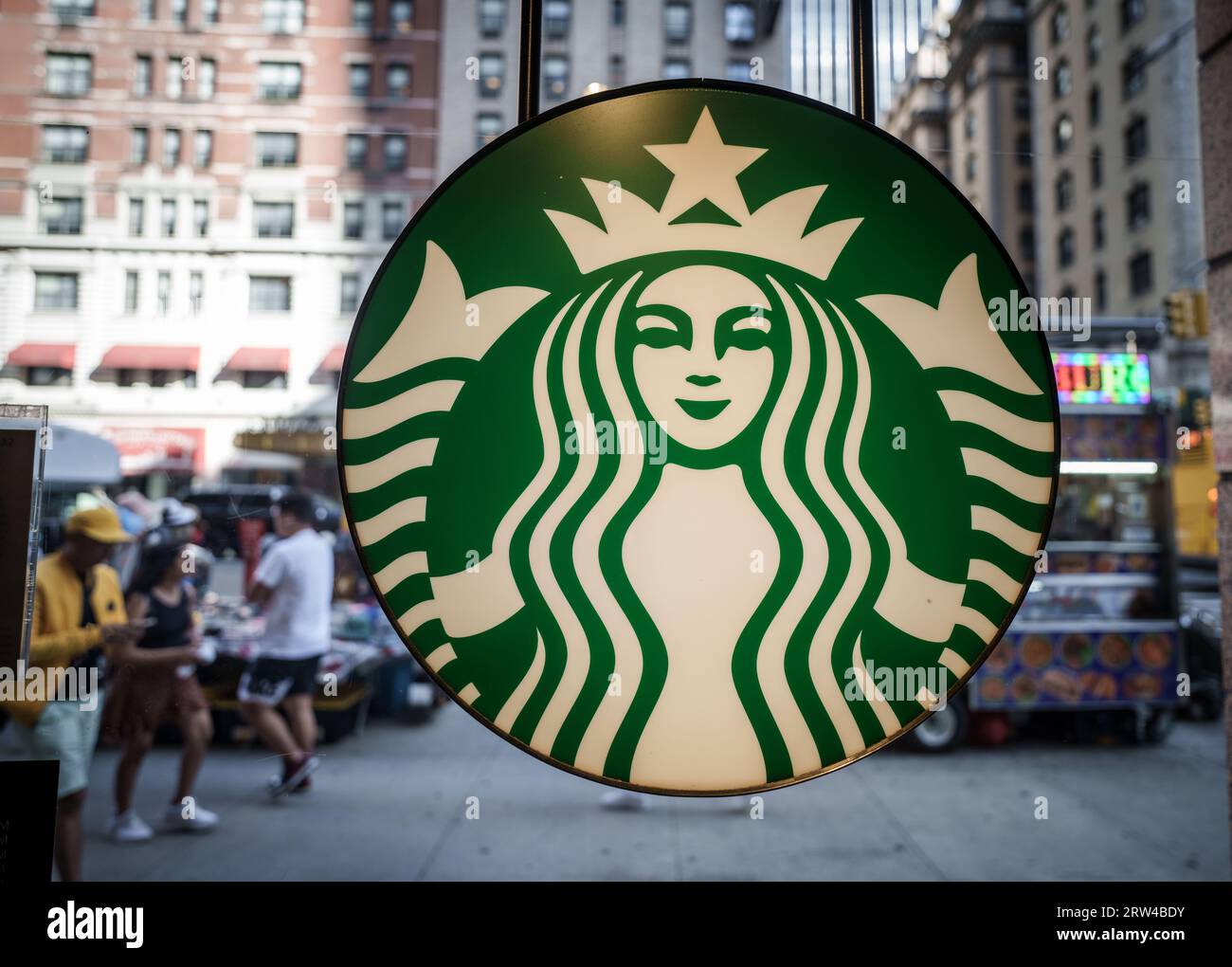 New York, USA. 16th Sep, 2023. The Starbucks logo, taken in Manhattan ...