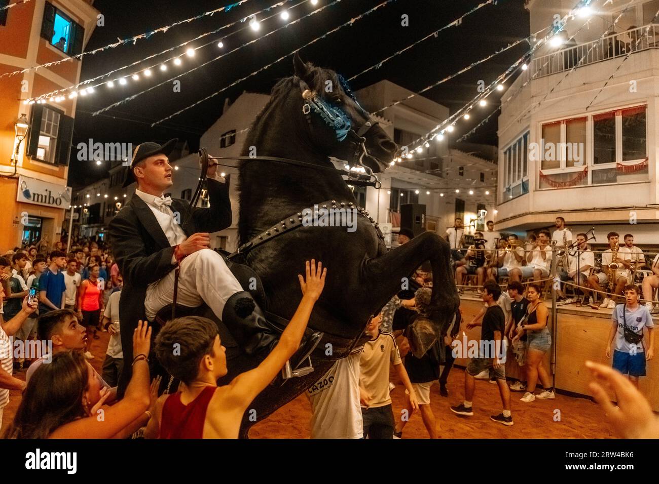 Mercadal, Spain. 16th Sep, 2023. A 'caixer' (horse rider) rears up on ...