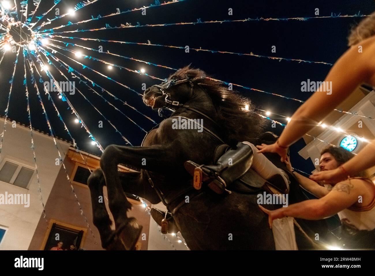 Mercadal, Spain. 16th Sep, 2023. A 'caixer' (horse rider) rears up on ...