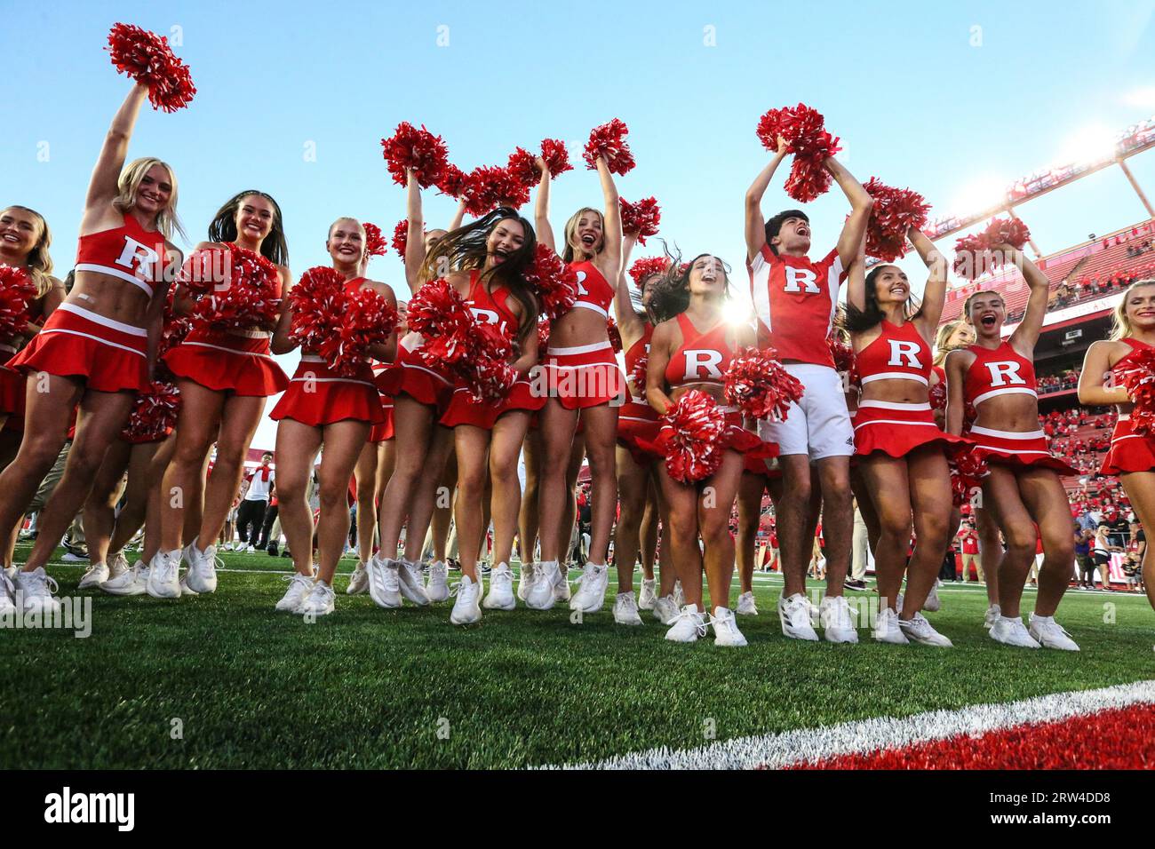 Piscataway, NJ, USA. 16th Sep, 2023. The Rutgers cheer team celebrates ...