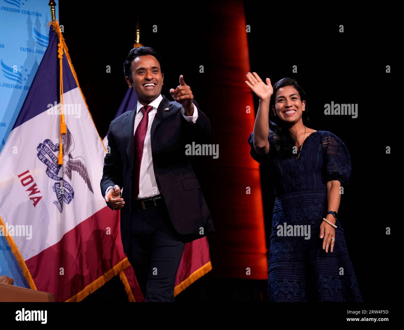 Republican presidential candidate Vivek Ramaswamy is joined onstage by ...