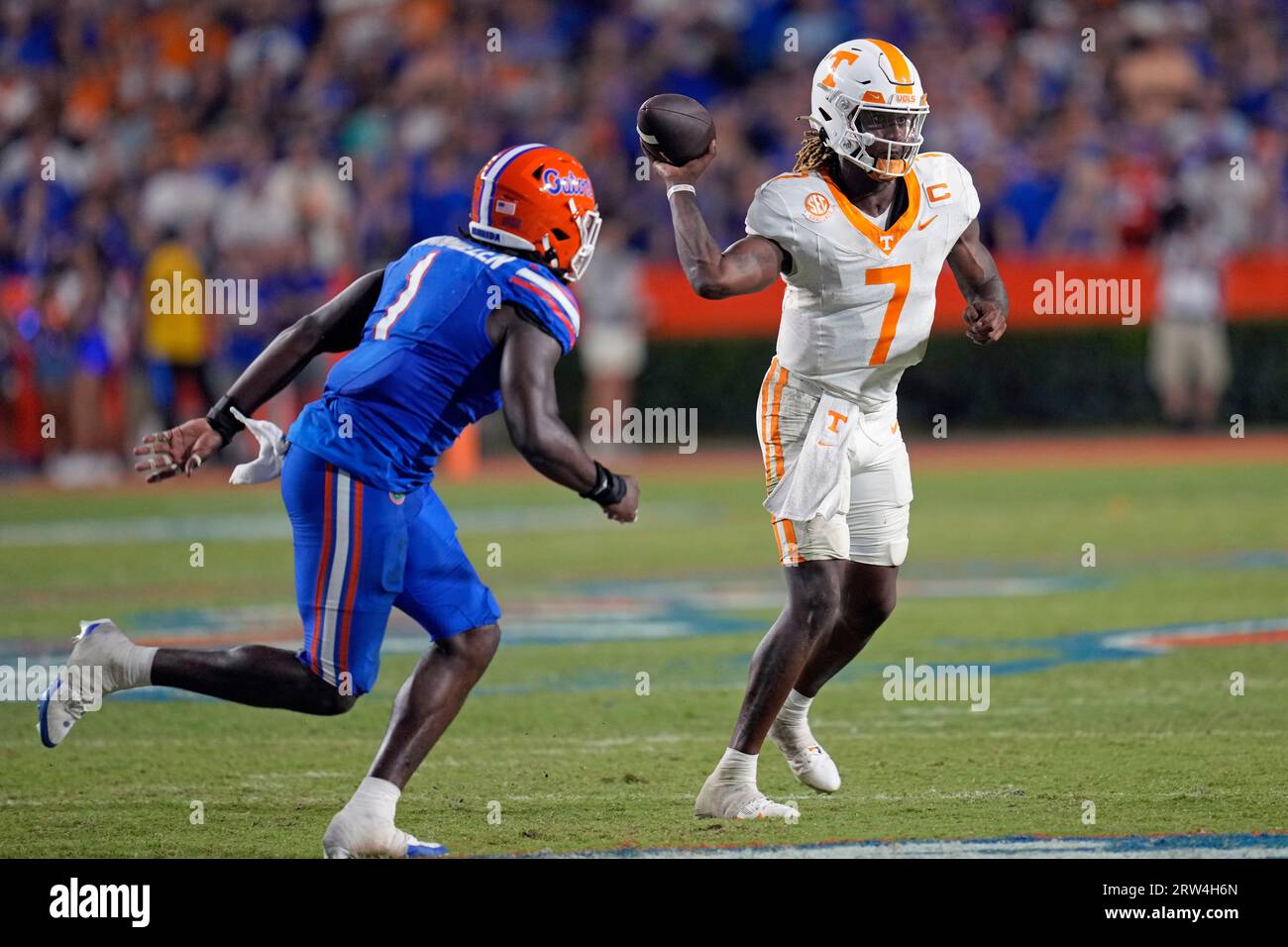 Tennessee quarterback Joe Milton III (7) throws a pass as he is ...