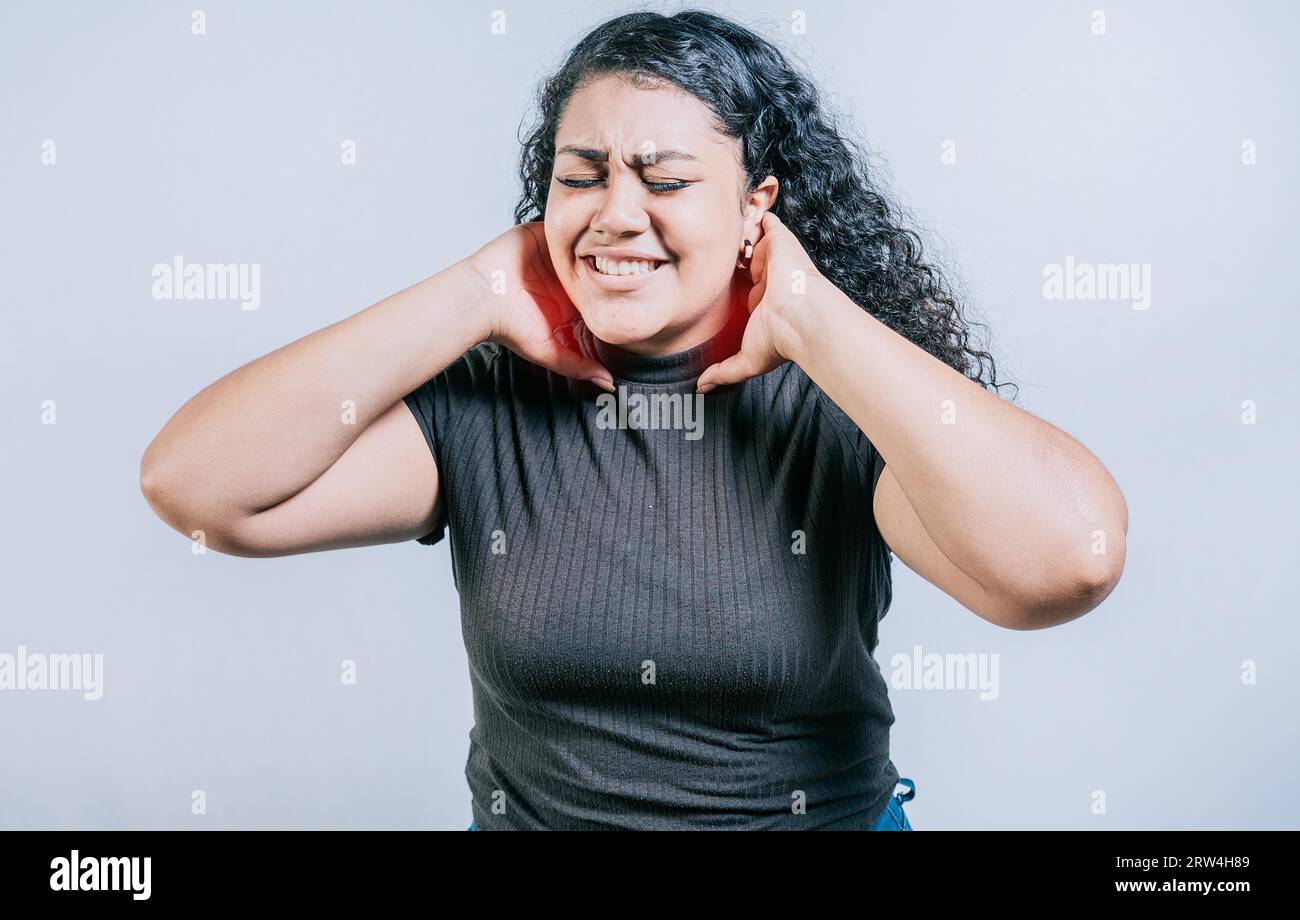 People with neck tension. Young woman suffering with neck pain. Neck ...