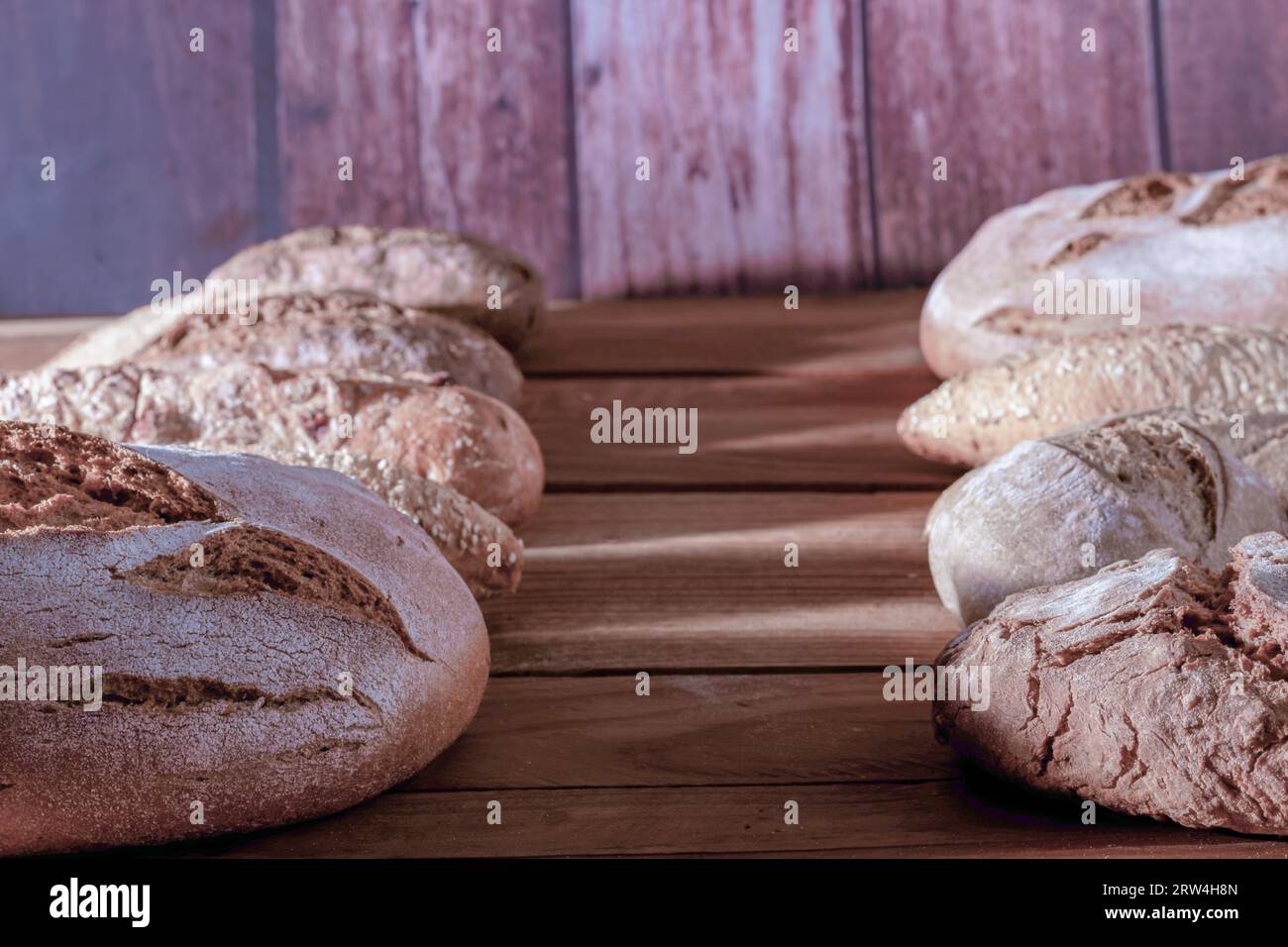Different types of loaves and loaves of rustic artisan bread in a row ...