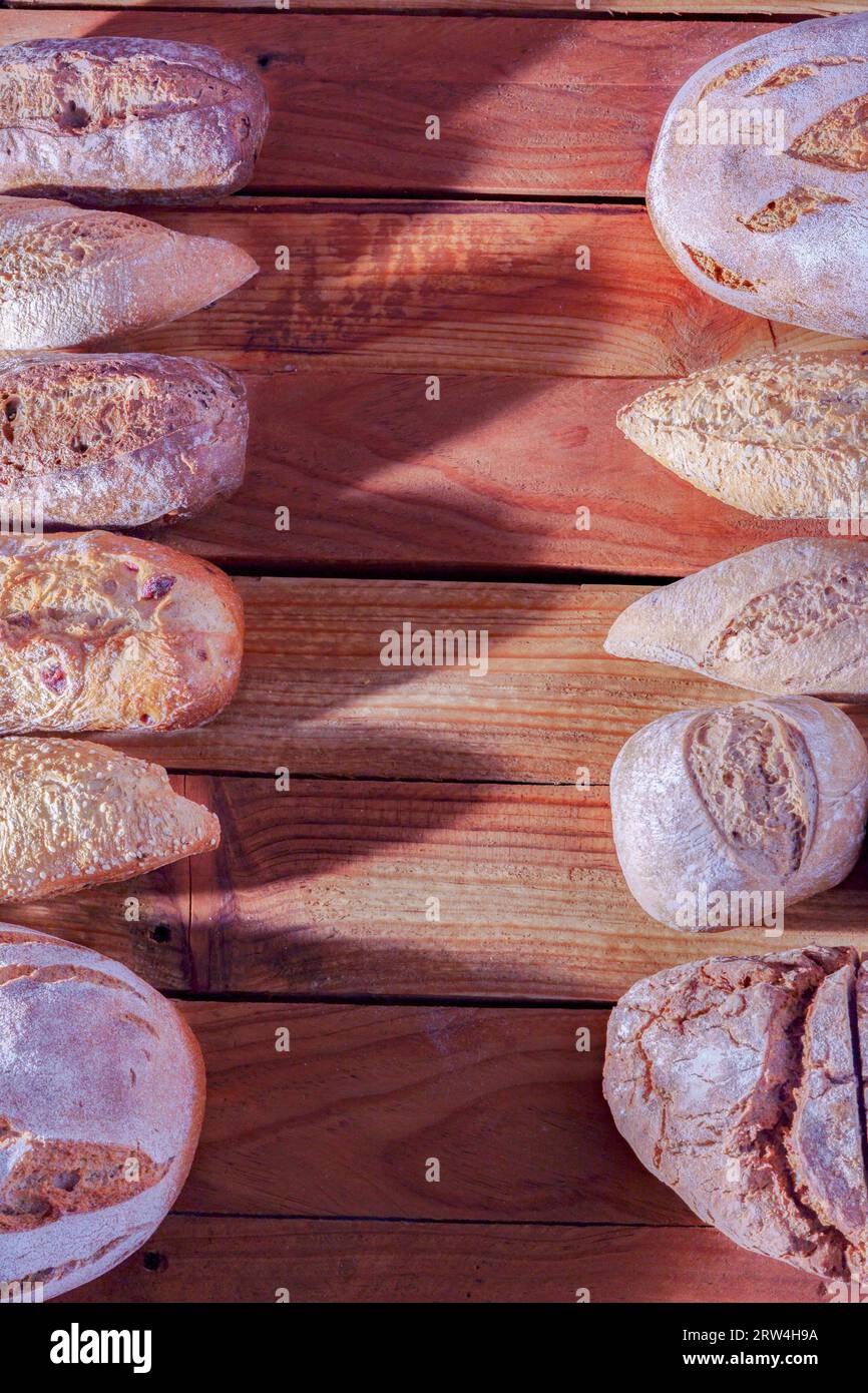 Different types of loaves and loaves of rustic artisan bread in a row ...