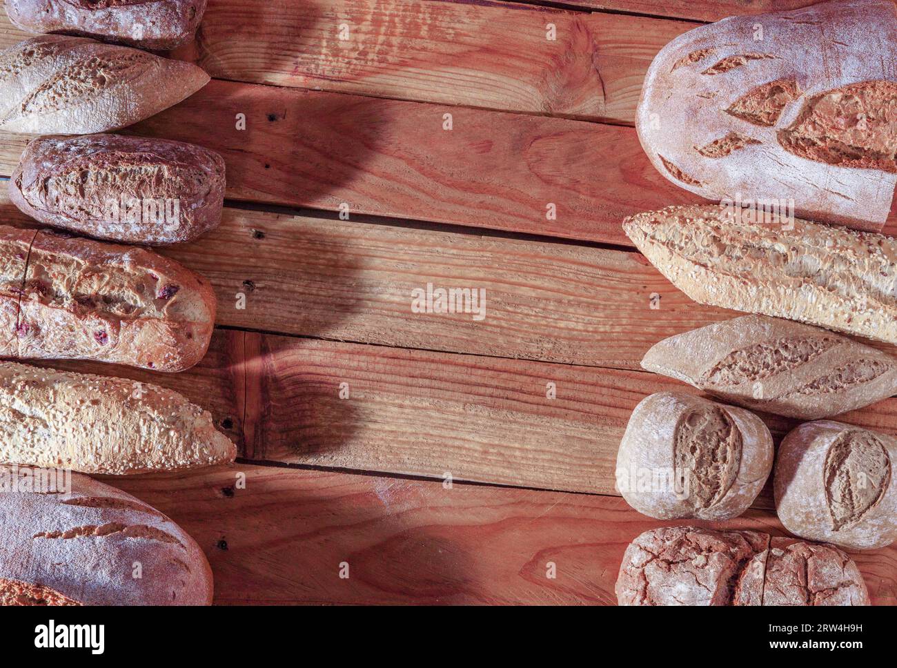 Different types of loaves and loaves of rustic artisan bread in a row ...