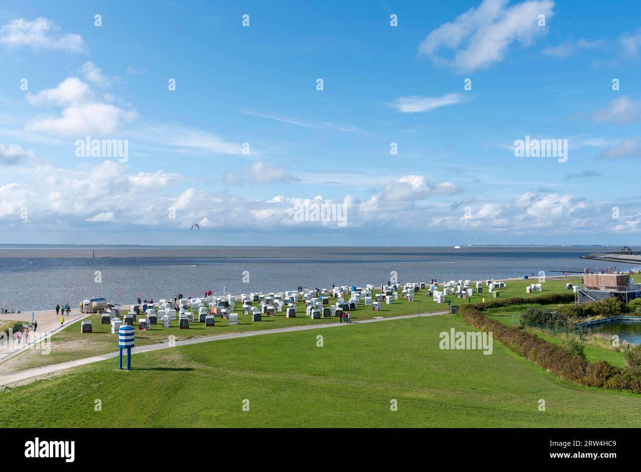 View from the Blue Bridge over the beach, Norddeich, Lower Saxony ...
