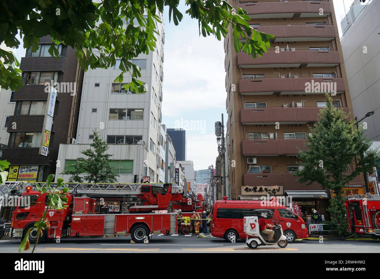 Fire engines are seen at a fire site in Tokyo on Aug. 15, 2023. ( The ...