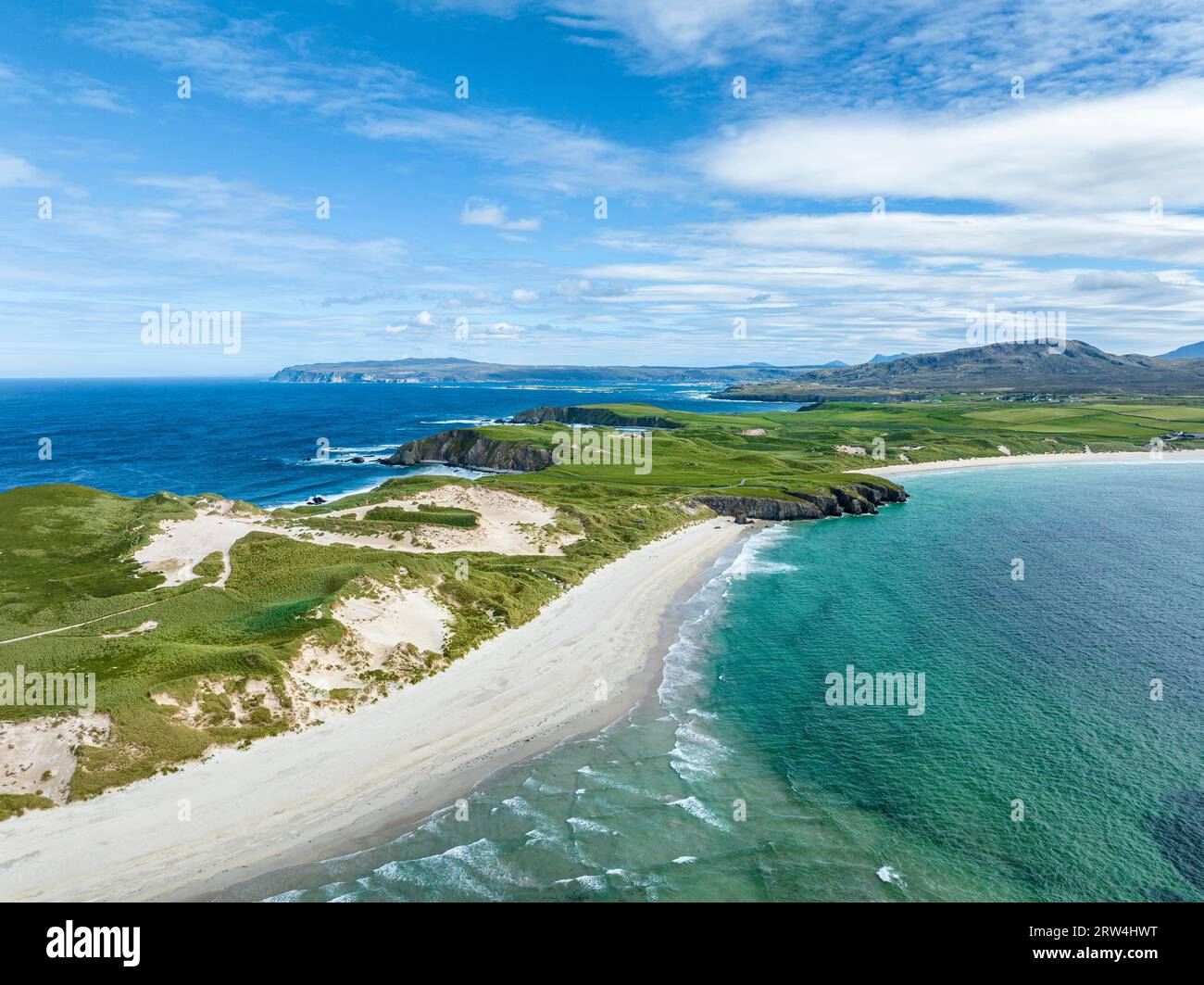 Aerial view of Faraid Head Peninsula and Balnakeil Beach with dunes and ...