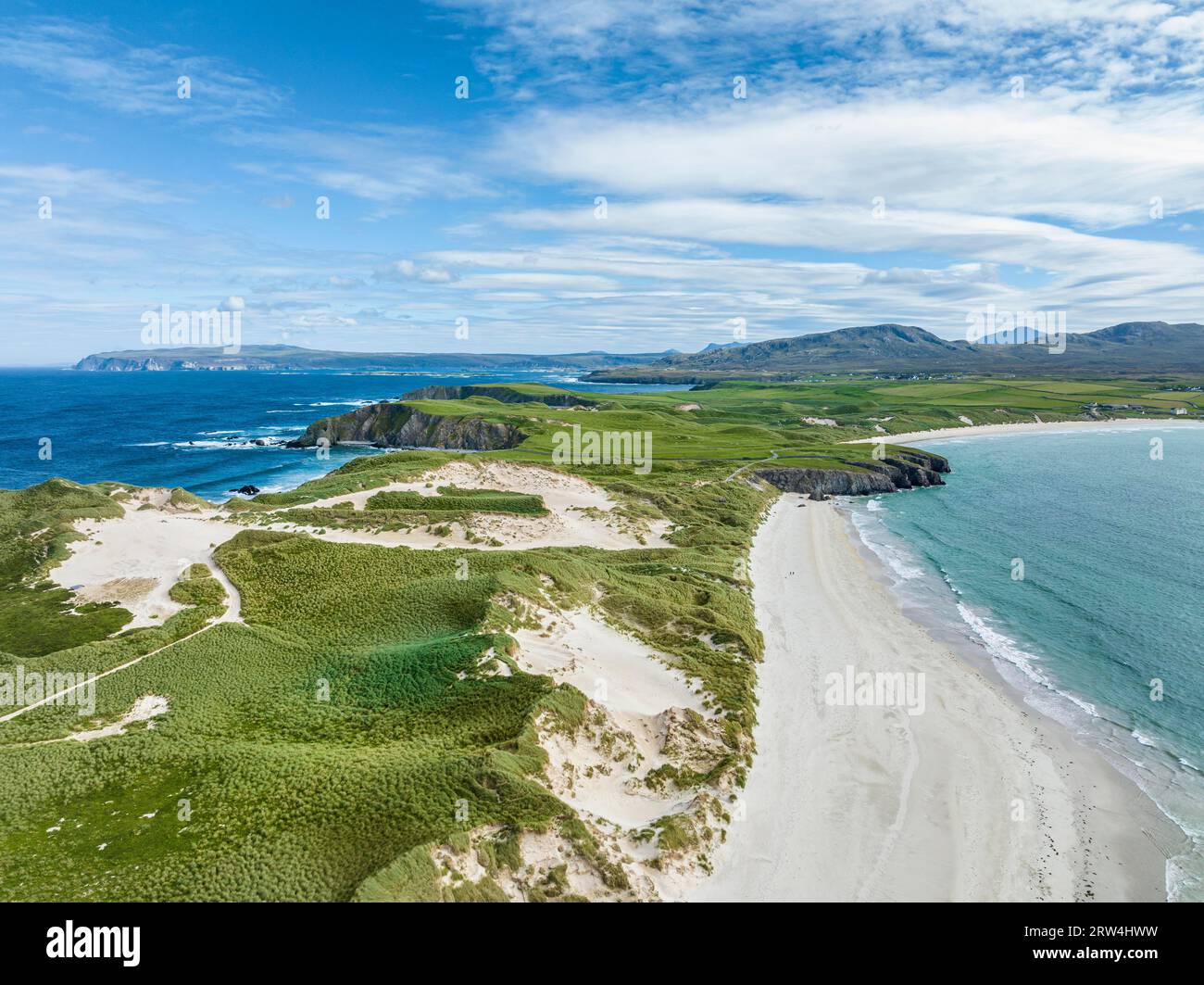 Aerial view of Faraid Head Peninsula and Balnakeil Beach with dunes and ...