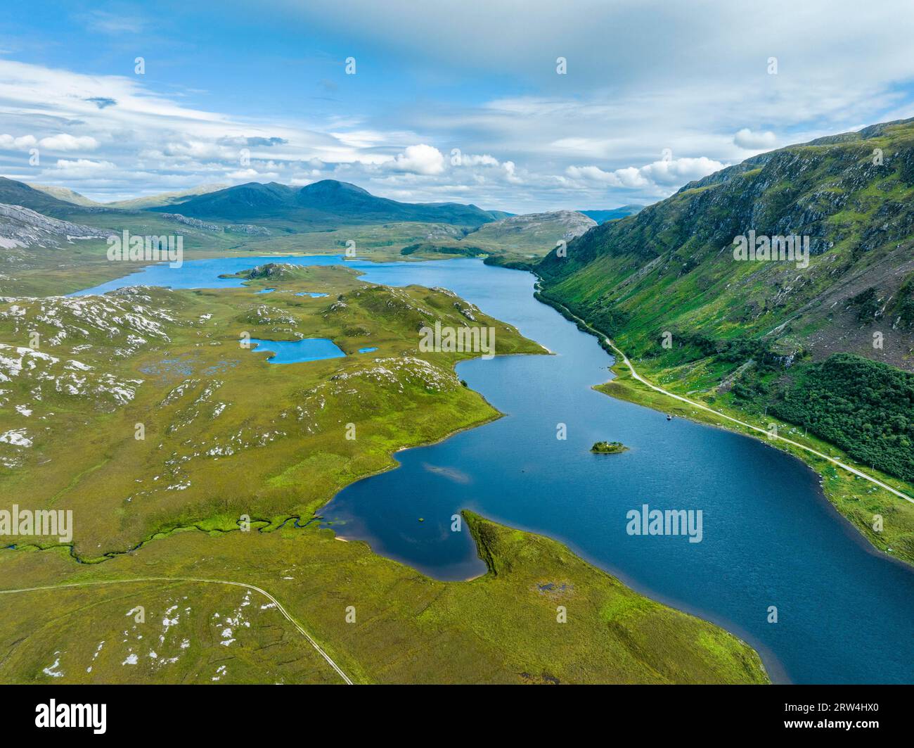 Aerial view of the freshwater loch Loch Stack in the Northern Highlands ...