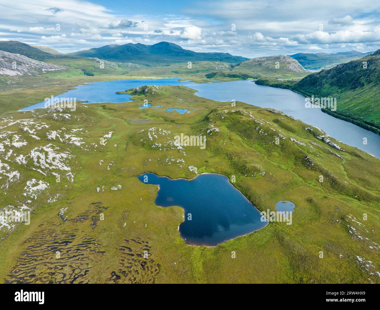 Aerial view of the freshwater loch Loch Stack with surrounding boggy ...