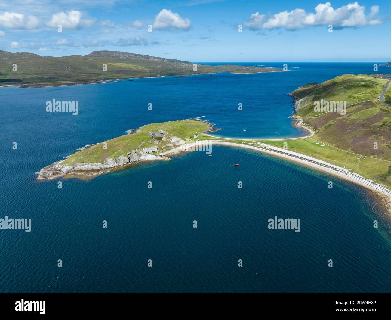 Aerial view of the Ard Neaki peninsula in the sea loch of Loch Eribol ...