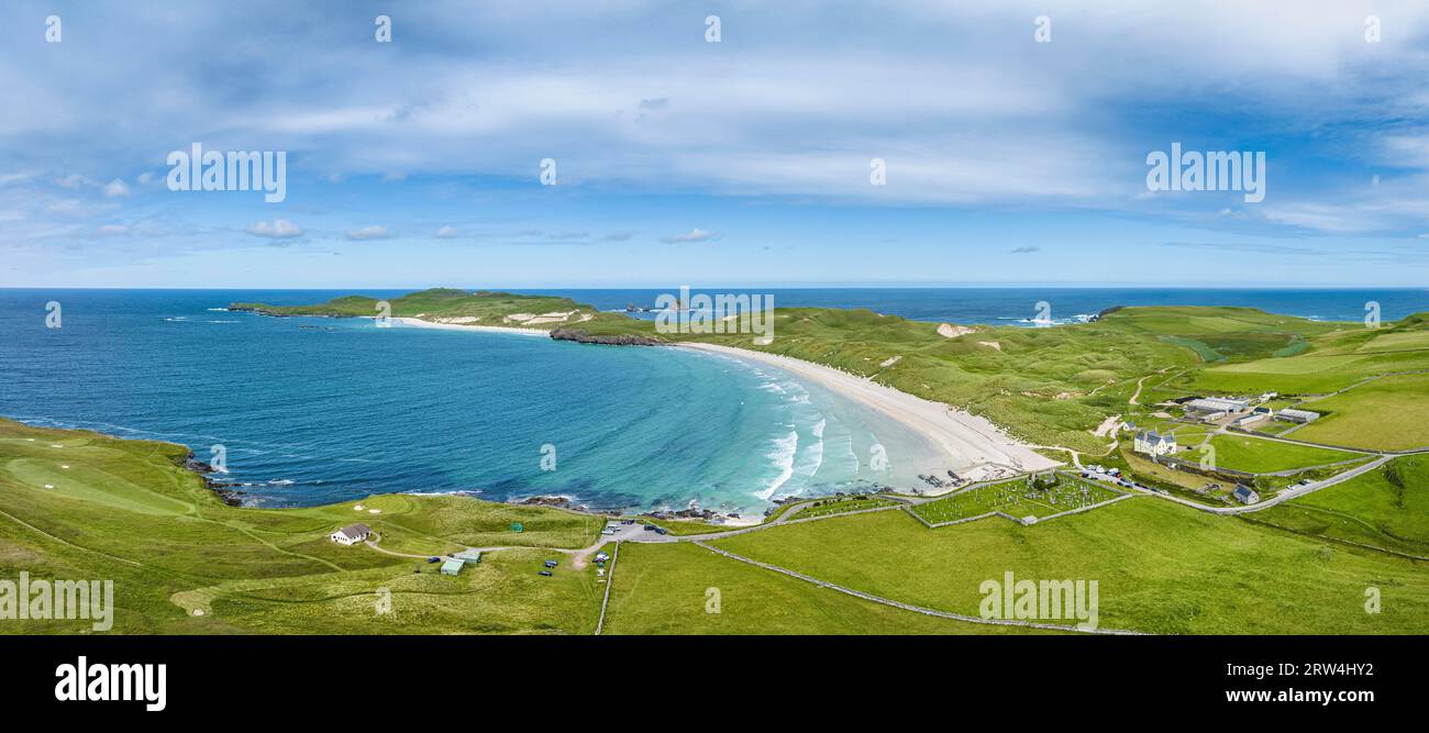 Aerial panorama of Balnakeil Bay with sandy beach and dunes, Faraid ...