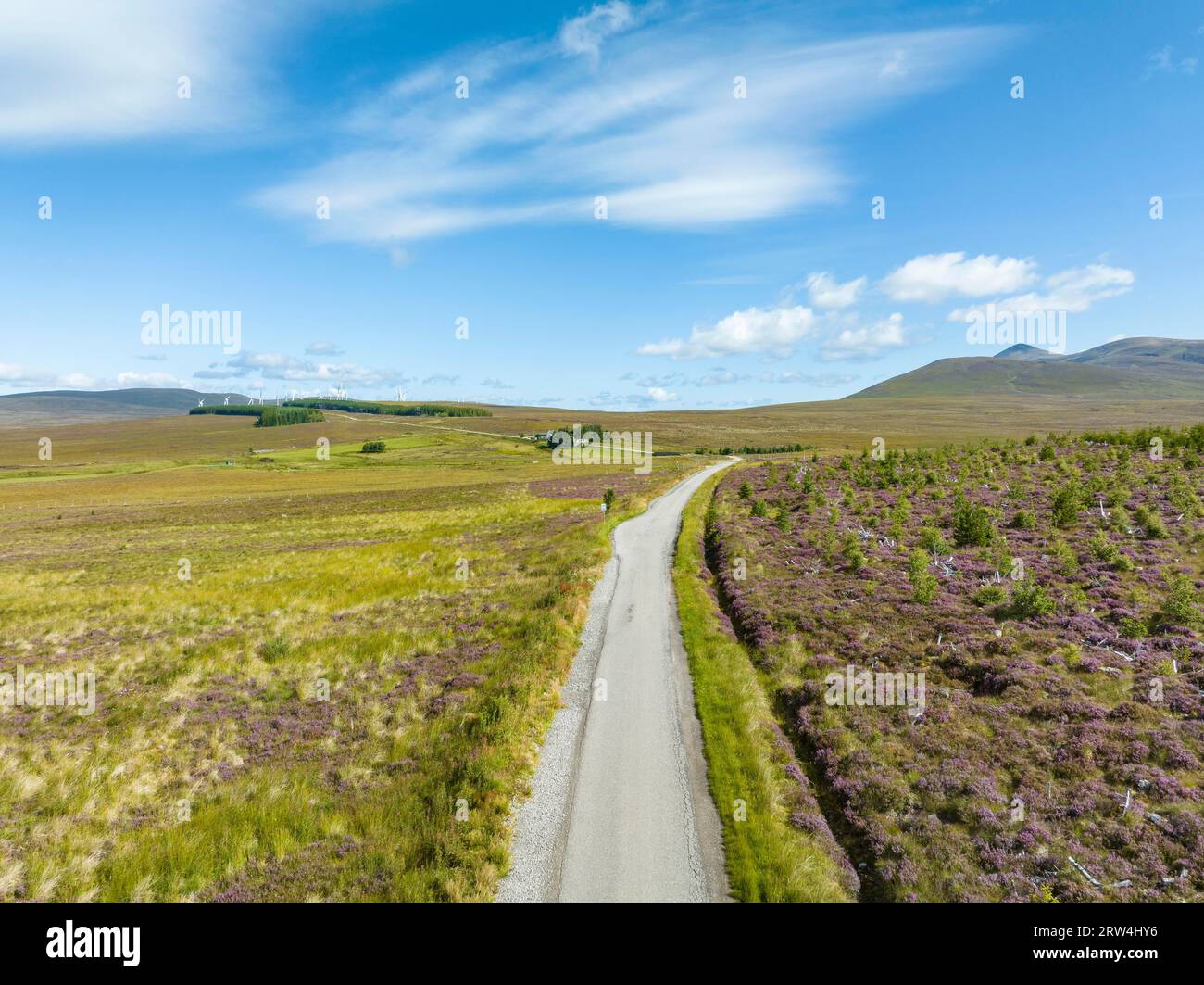 Aerial view of the A836 single track road between Lairg and Altnaharra ...