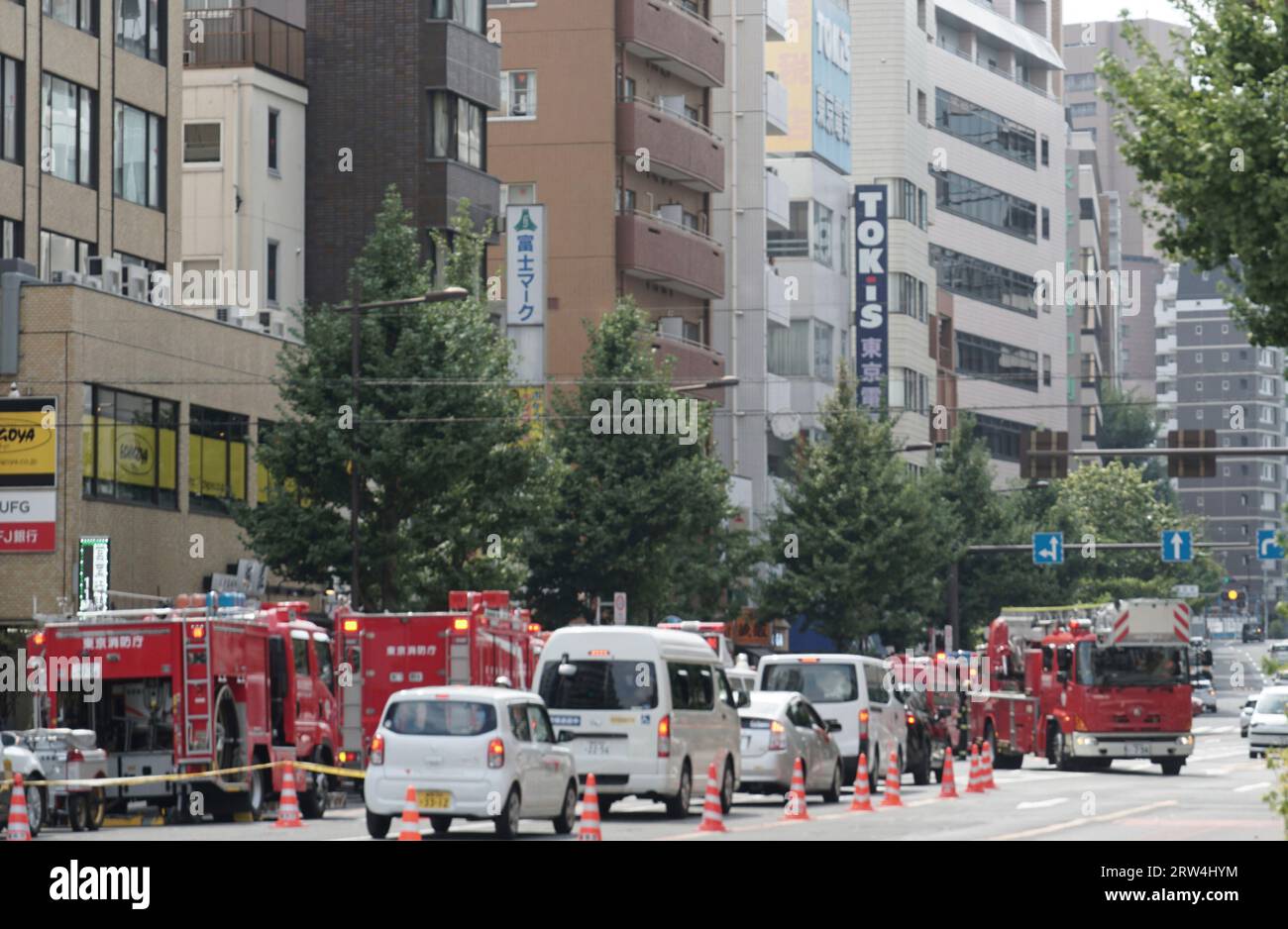 Fire engines are seen at a fire site in Tokyo on Aug. 15, 2023. ( The ...