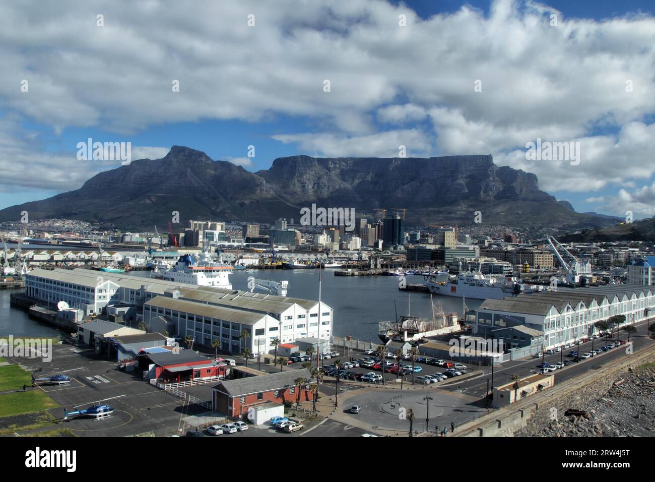View of Cape Town and Table Mountain, aerial view from a helicopter ...