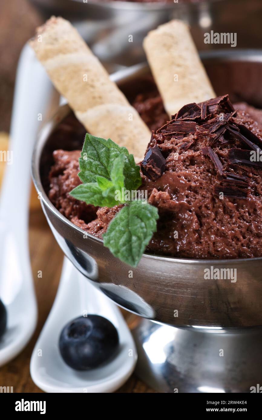 Chocolate mousse decorated with chocolate and biscuit Stock Photo - Alamy