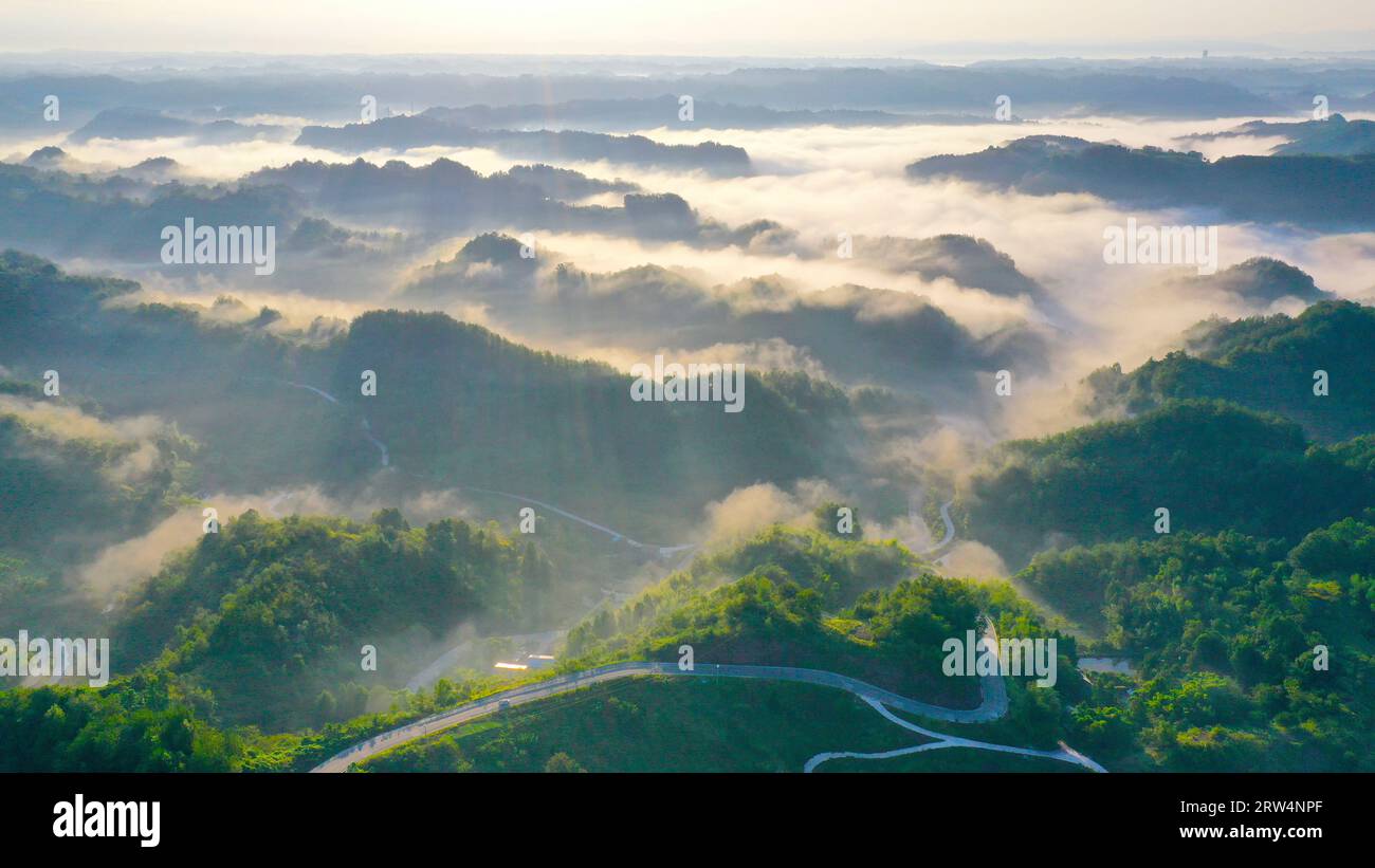 Vehicles drive along a rural road shrouded by clouds in Meihua village ...