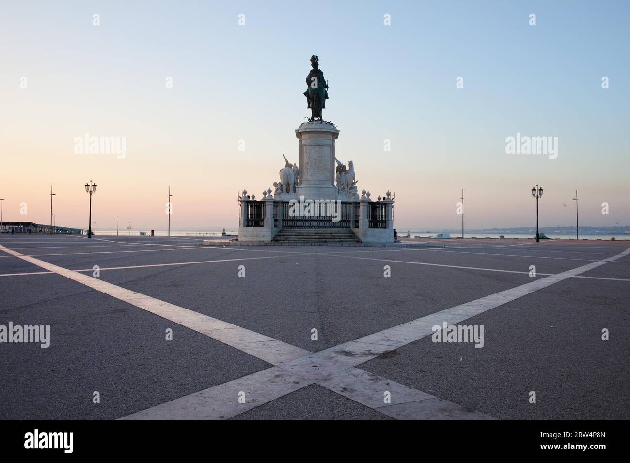 Statue of King Jose I from 1775 at dawn facing the Tagus river on ...
