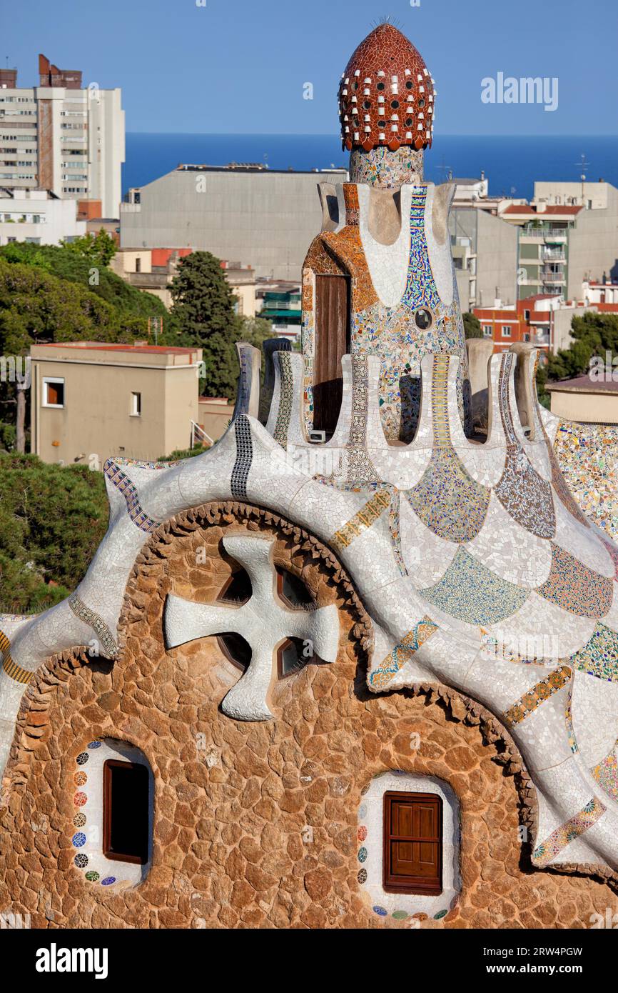 Casa del Guarda architectural details by Antoni Gaudi in Park Guell ...