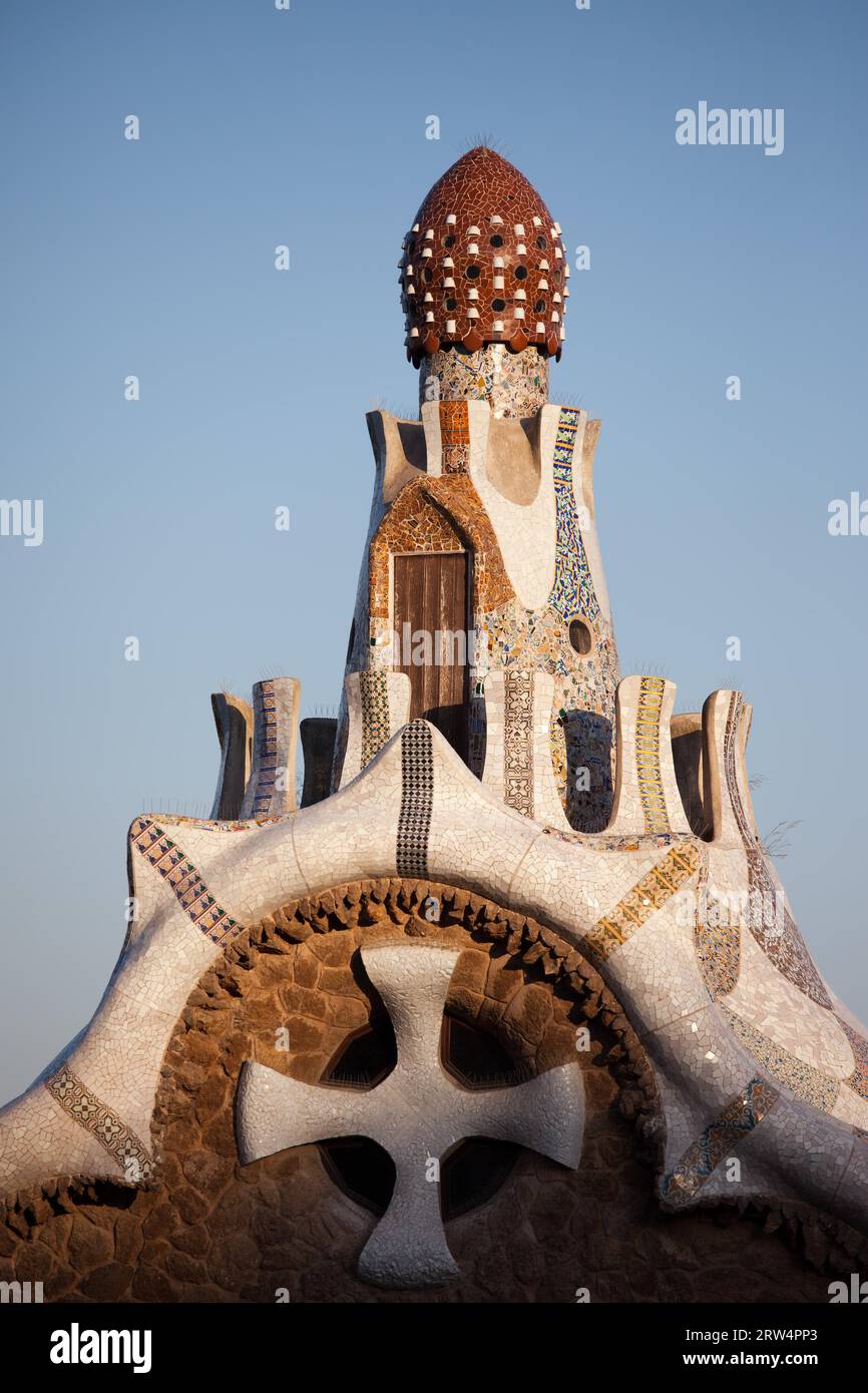Top of the Casa del Guarda by Antoni Gaudi in Park Guell in Barcelona ...